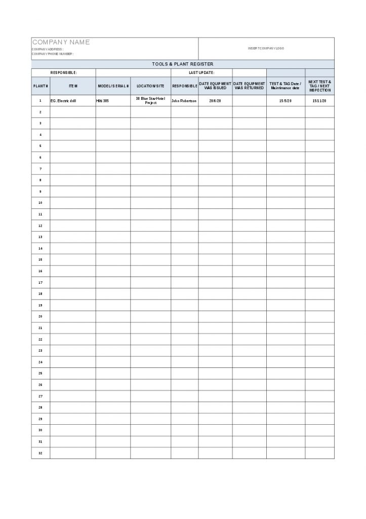 Tools & Plant Register - Project Manager Store
